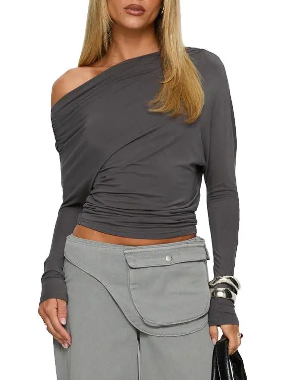 Princess Polly Ruched One-shoulder Top - Charcoal