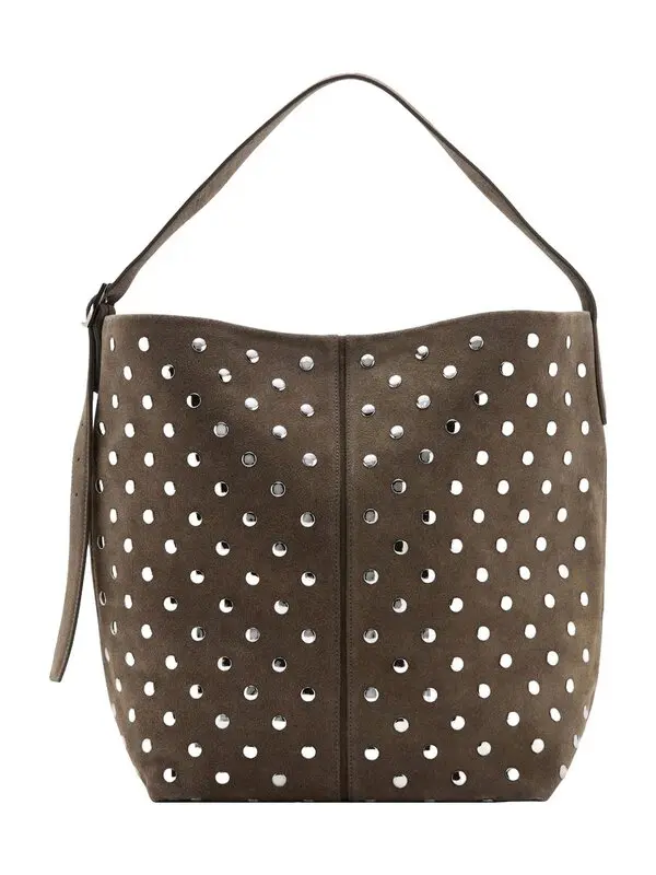 Mango Studded Suede Bucket Bag - Medium Brown