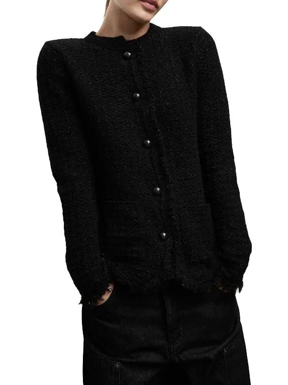 Mango Frayed Metallic Tweed Cardigan - Black