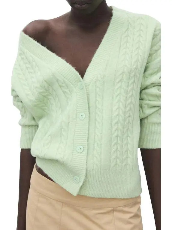Mango Cable V-neck Cardigan - Pastel Green