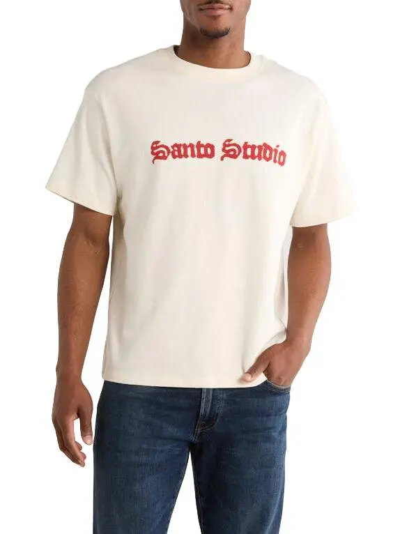 SANTO STUDIO Old English Cotton Graphic T-shirt - Cream