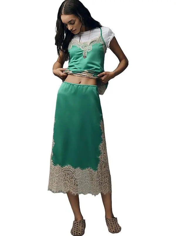 BL-NK Czia Laced Satin Midi Skirt - Jungle Green