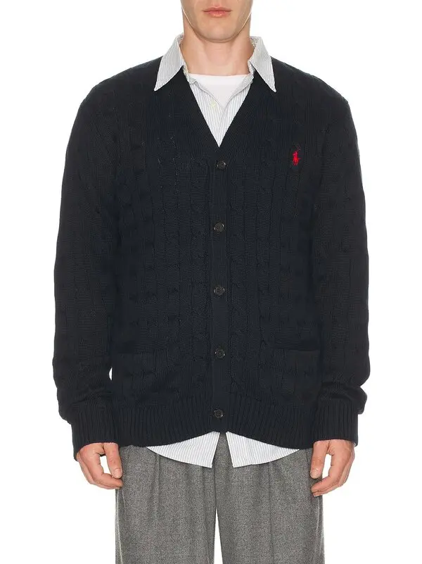 Polo Ralph Lauren Cotton Cable V-neck Cardigan Sweater - Hunter Navy