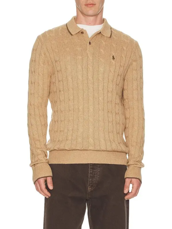 Polo Ralph Lauren Two-button Placket Polo Sweater - Camel Melange