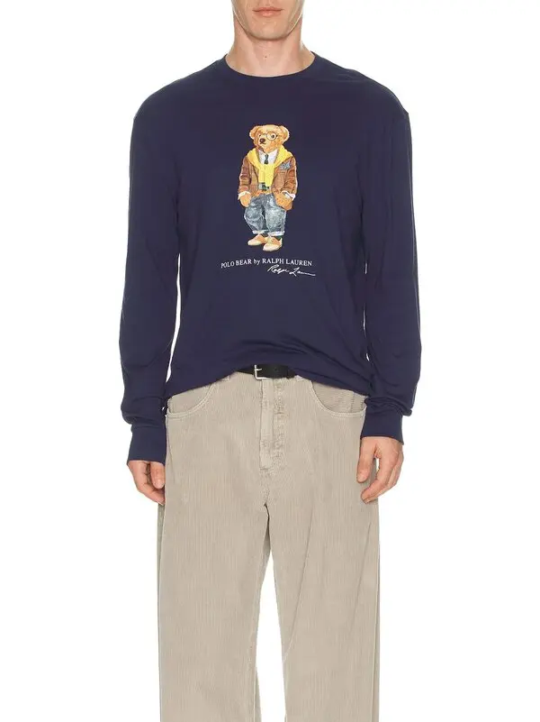 Polo Ralph Lauren Long Sleeve Graphic Novelty Bear T-shirt In White - Newport Navy