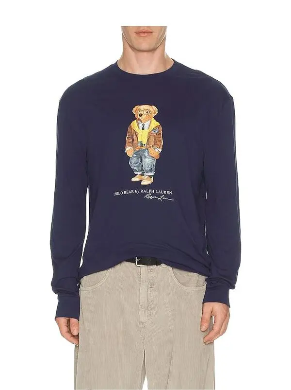 Polo Ralph Lauren Long Sleeve Graphic Novelty Bear T-shirt In White - Newport Navy