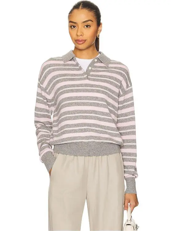 Guest In Residence Collegiate Stripe Polo Sweater - Heather Grey Combo