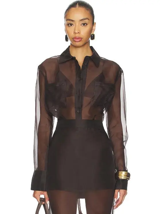 SEROYA Estella Sheer Silk Button-down Shirt - Brown