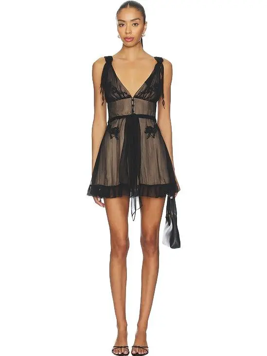 MIRROR PALAIS Silk Mini Dress With Sheer Overlay And Floral Applique - Black