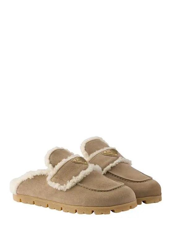 Prada Suede And Shearling Mules - Neutral