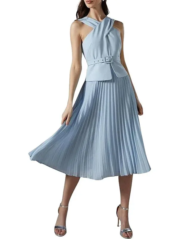 Coast Cross Over Pleated Midi Dress - Light Blue