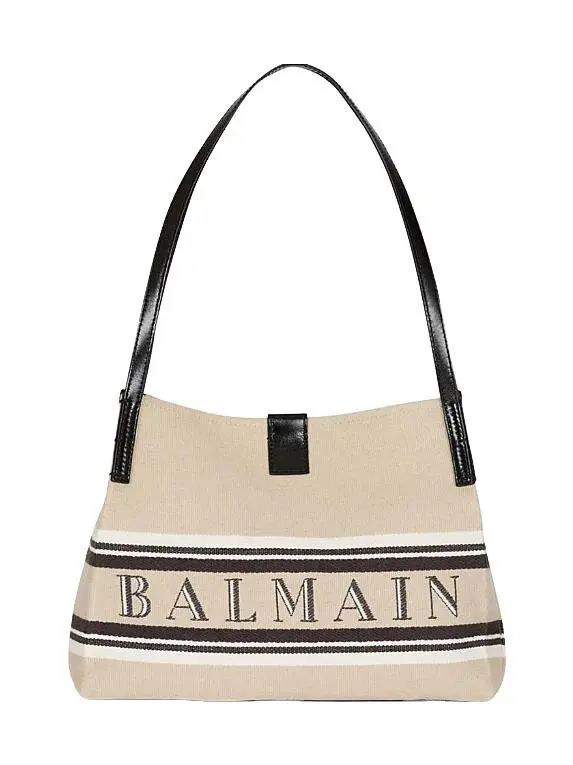 Balmain Small Release Shopper Bag In Canvas And Calfskin - Beige