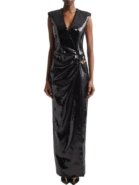 Balmain Sequin Draped Dress With Chain Detail - 0pa Black