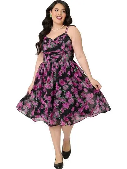 Unique Vintage Reed Swing Dress - Black & Purple Floral