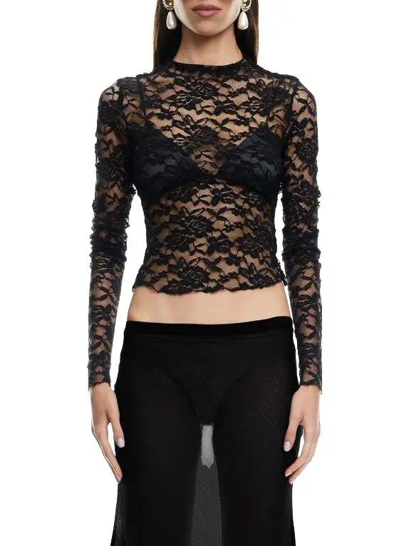 Lioness Hampton Floral Lace Long Sleeve Top - Noir