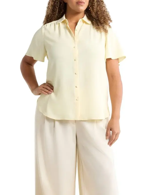 Anne Klein Shirred Short Sleeve Button-up Shirt - Whisper Yellow