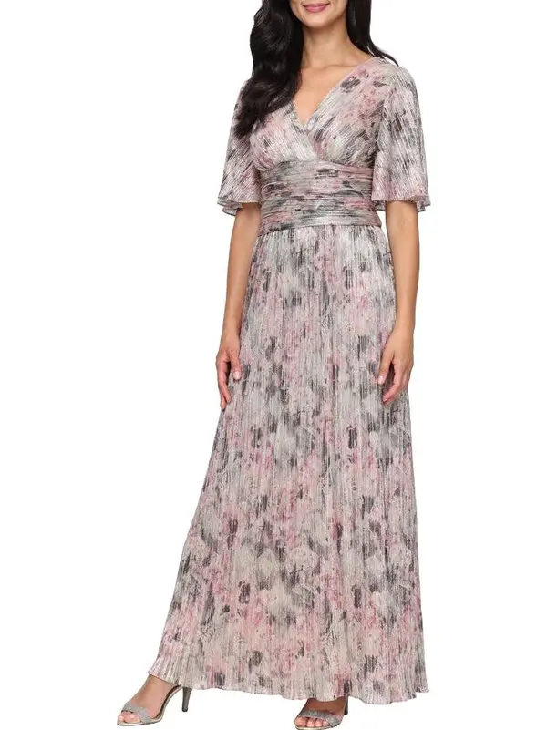 SL FASHIONS Metallic Floral Print Gown - Beige Multi