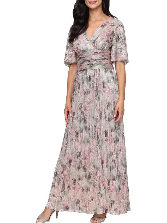 SL FASHIONS Metallic Floral Print Bodre Maxi Dress - Beige Multi