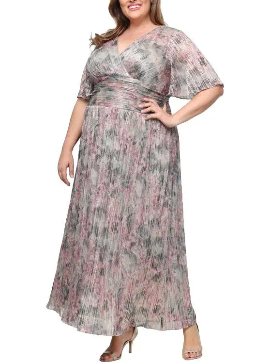 SL FASHIONS Metallic Floral Gown - Beige Multi