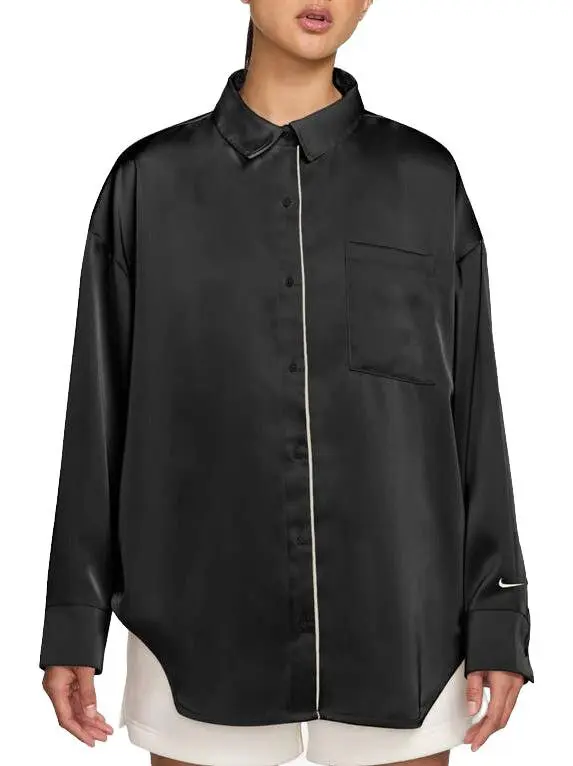 Nike Oversize Satin Button-up Top - Black/sail