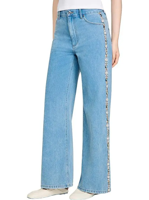 Sandro Calix Rhinestone Trim Wide Leg Jeans - Blue Jean