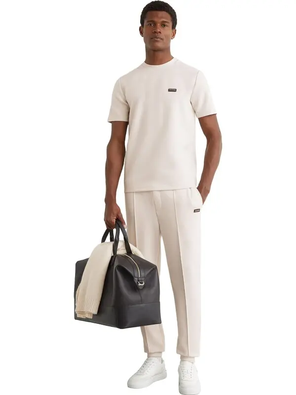 REISS Barnes Premium Interlock Cuffed Logo Joggers - Off White