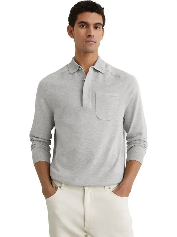 REISS Clinton Cotton Concealed-placket Polo Shirt - Grey Melange