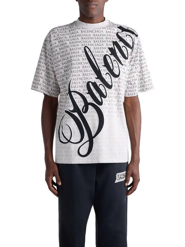 Balenciaga Fit Big B Cursive Logo Graphic T-shirt - Dirty White/black