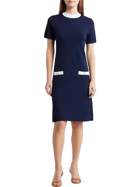 Eliza J Mock Neck Short Sleeve Sweater Dress - Navy