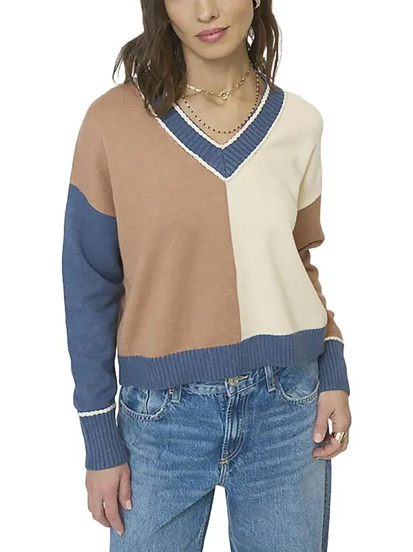 Central Park West Myra Colorblocked V-neck Sweater - Blue-multi