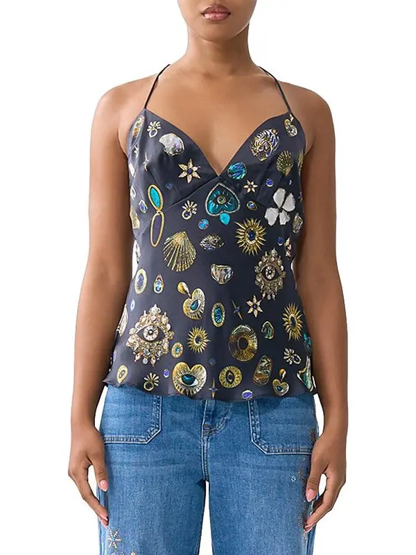 Camilla Printed Silk Top With Chain Detail - Amulets And Alchemy