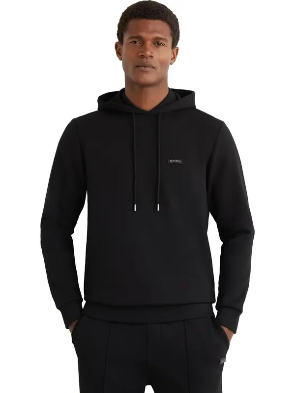 REISS Premium Interlock-jersey Logo Hoodie - Black