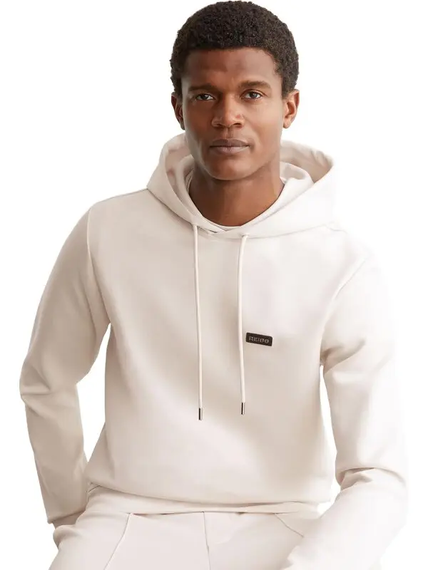 REISS Premium Interlock-jersey Logo Hoodie - Off White