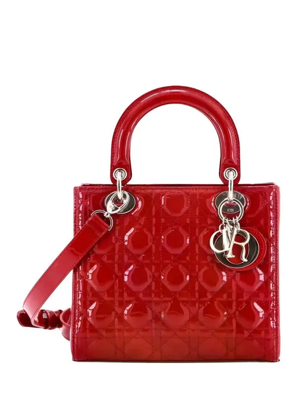 Dior Lady Medium Satchel Cannage Quilt Patent - Red
