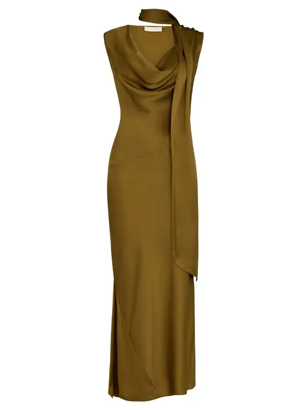DE LA VALI Thebe Draped Satin Midi Dress - Olive