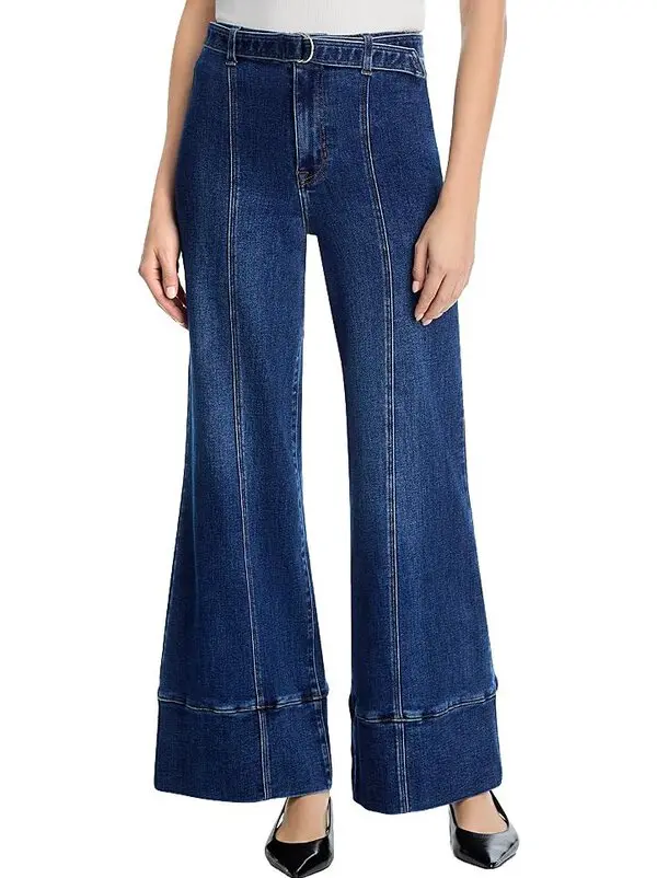 Aqua Belted Seamed High Rise Wide Leg Jeans - Indigo