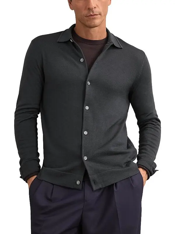 REISS Merino Wool Button Cardigan - Bottle Green
