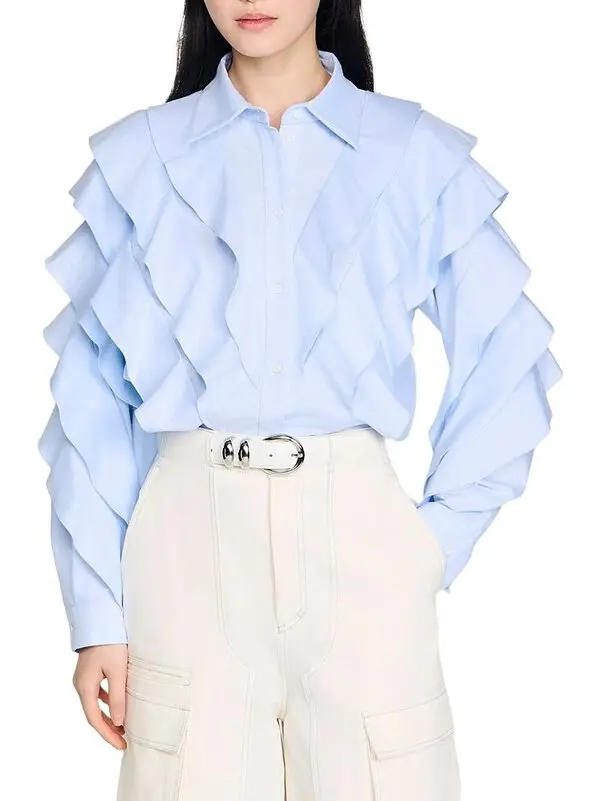 Sandro Flamenco Ruffled Shirt - Sky Blue