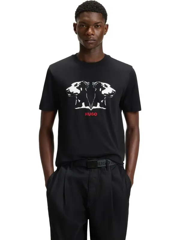 Hugo Dobermann-print T-shirt In Cotton Jersey - Black