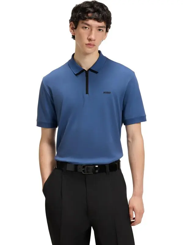 Hugo Contrast-logo Polo Shirt In Cotton Piqu - Blue