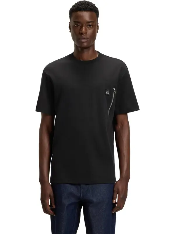 Hugo Zip-pocket T-shirt In Interlock Cotton - Black
