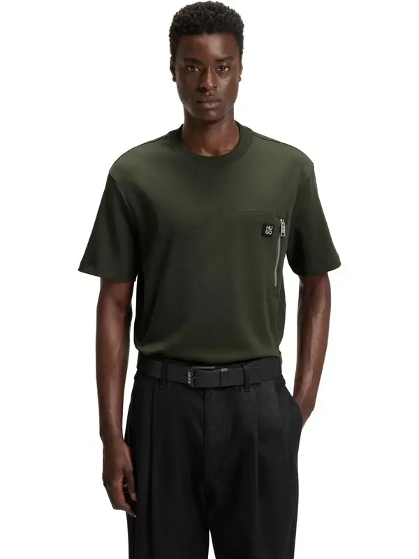Hugo Zip-pocket T-shirt In Interlock Cotton - Dark Green