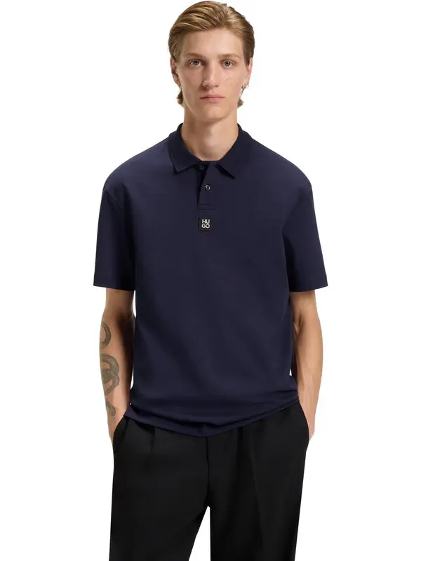 Hugo Stacked-logo Polo Shirt In Interlock Cotton - Dark Blue