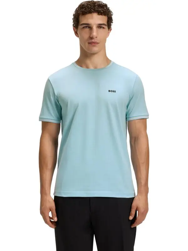 BOSS Stretch-cotton T-shirt With Stripes And Logo - Light Blue