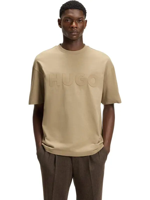 Hugo Oversized-fit T-shirt In Cotton With Reflective Logo - Beige