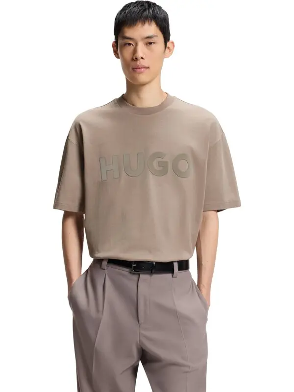 Hugo Oversized-fit T-shirt In Cotton With Reflective Logo - Light Brown