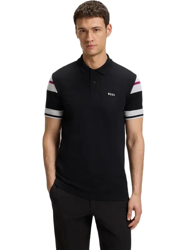 BOSS Block-stripe Polo Shirt In Cotton Piqu - Black