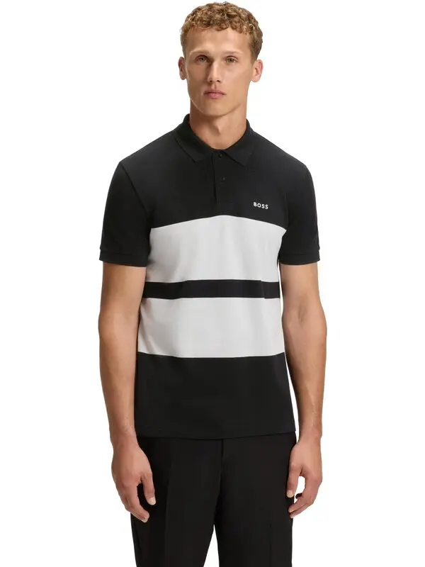 BOSS Block-stripe Polo Shirt In Cotton Piqu - Black