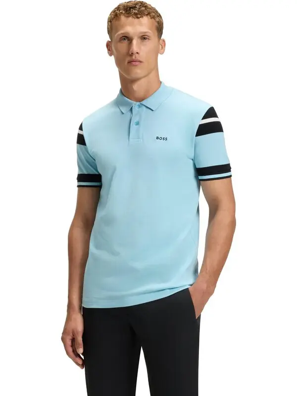 BOSS Block-stripe Polo Shirt In Cotton Piqu - Light Blue