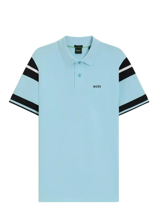 BOSS Block-stripe Polo Shirt In Cotton Piqu - Light Blue